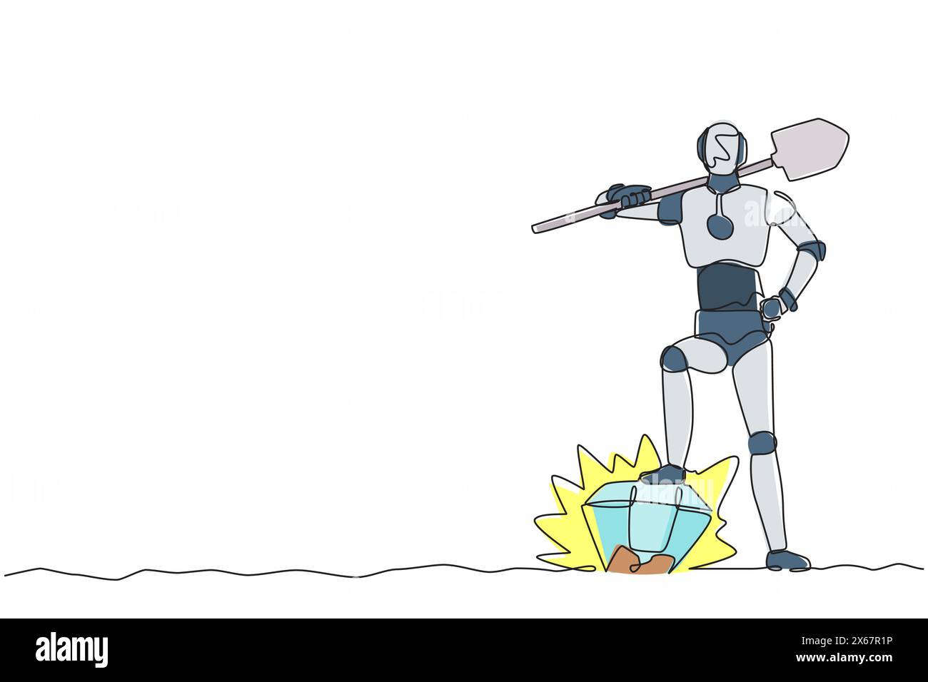 Single continuous line drawing robot digging ground with shovel finding ...