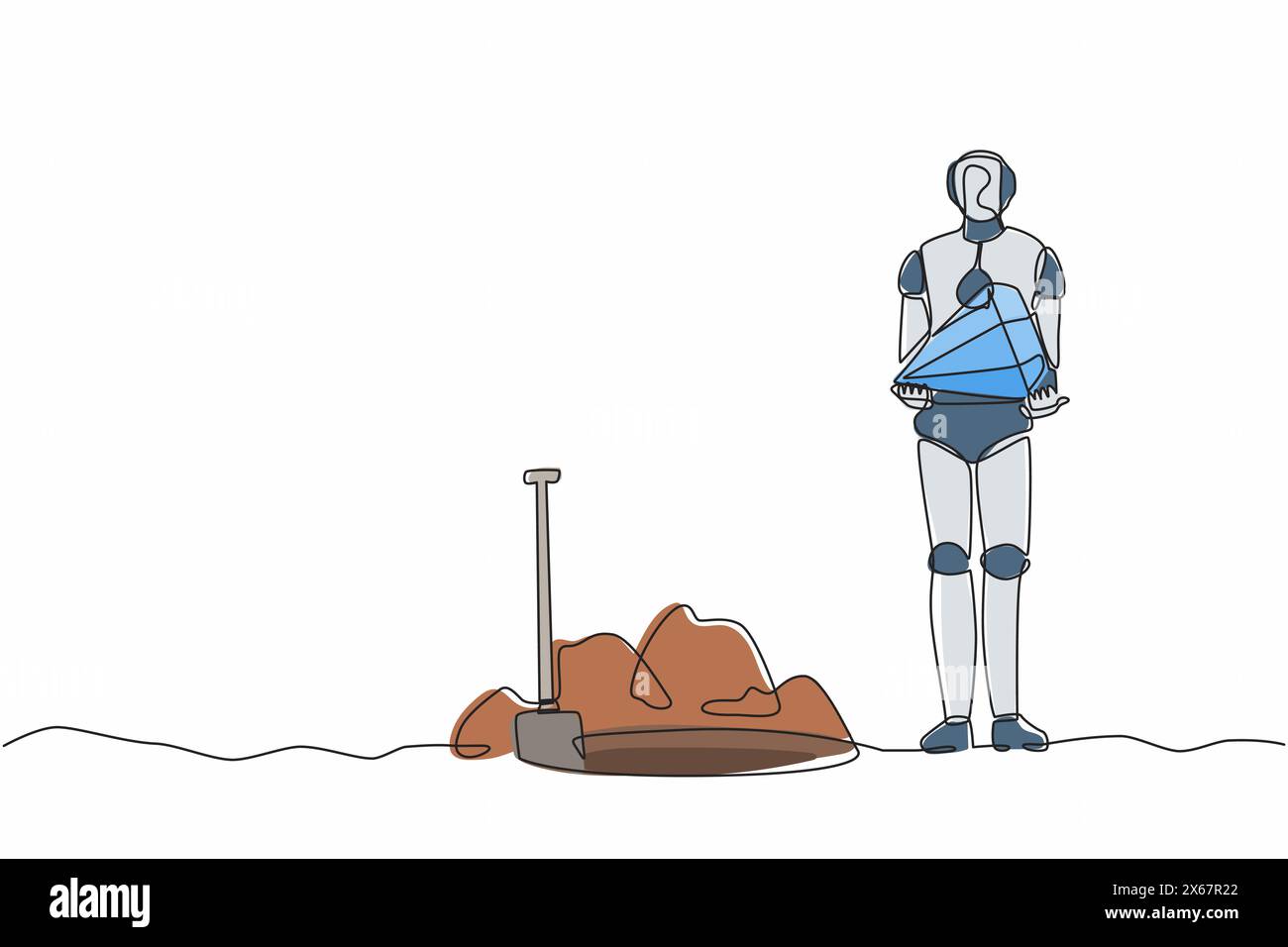 Single one line drawing robot standing and holding big diamond. Future ...