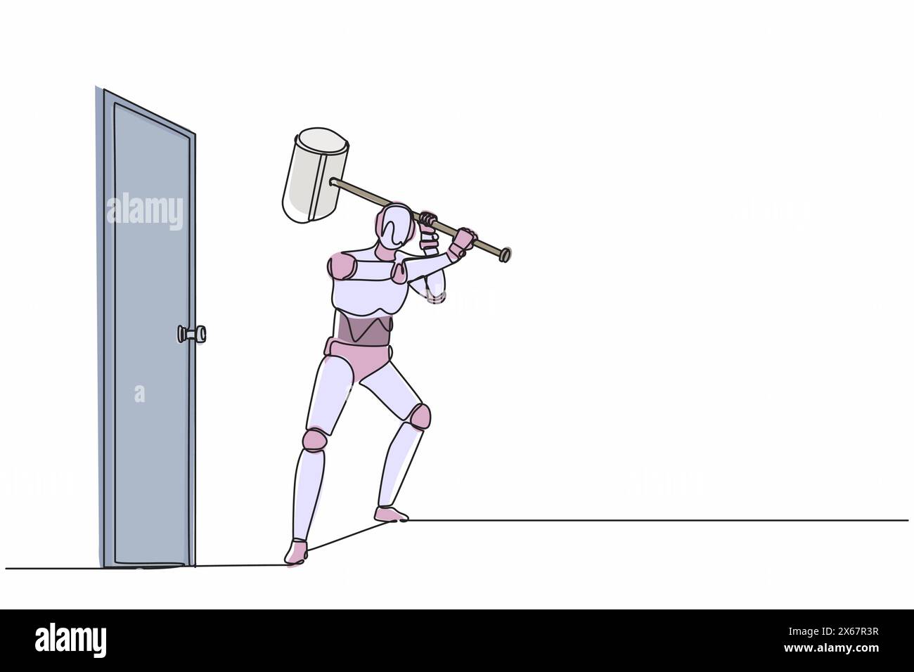 Single continuous line drawing robot holding large hammer to destroying ...