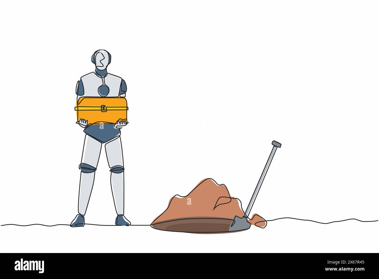 Single continuous line drawing robot standing near digging hole and ...