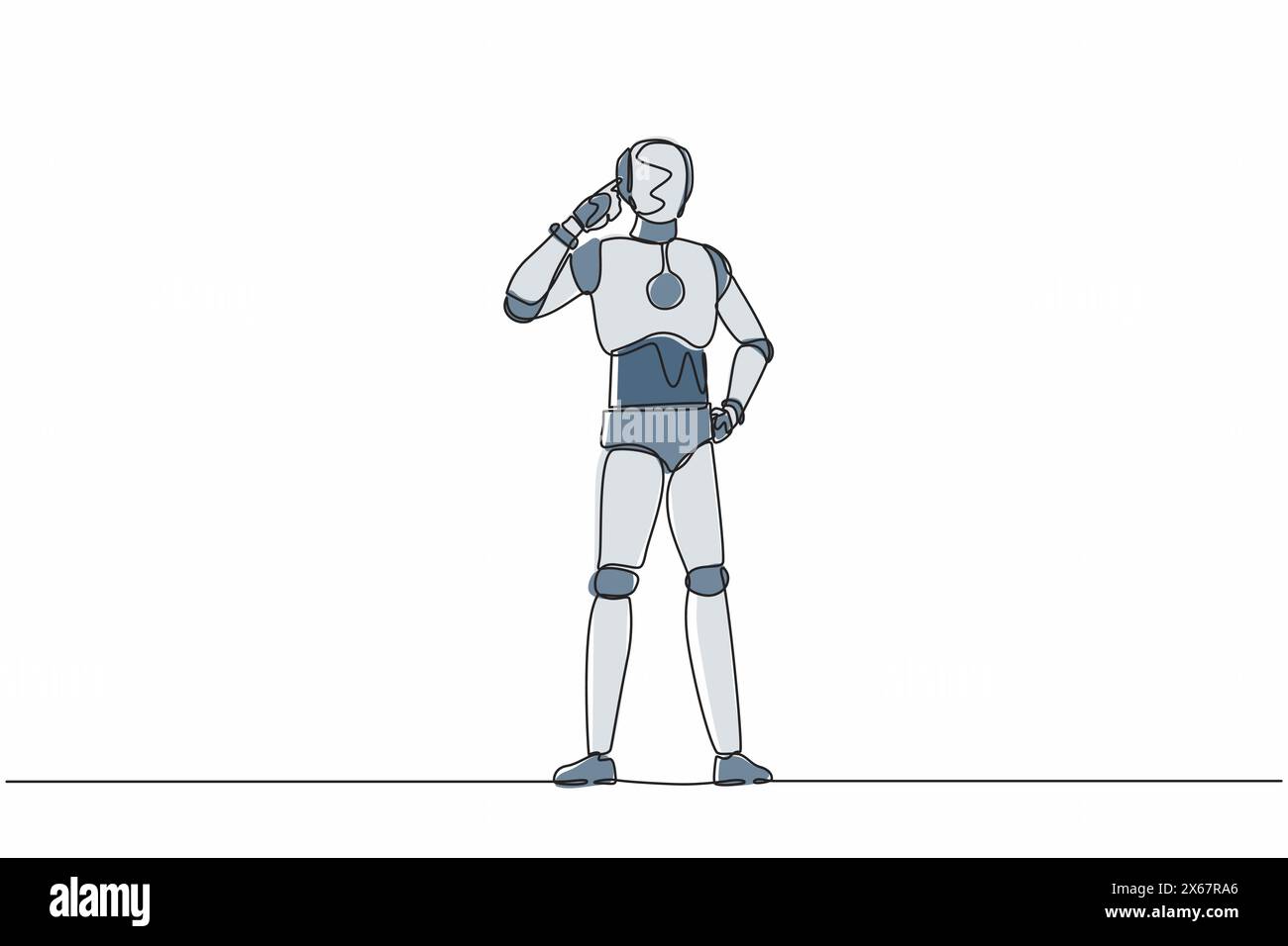 Continuous one line drawing smart robot pointing his head, thinking ...