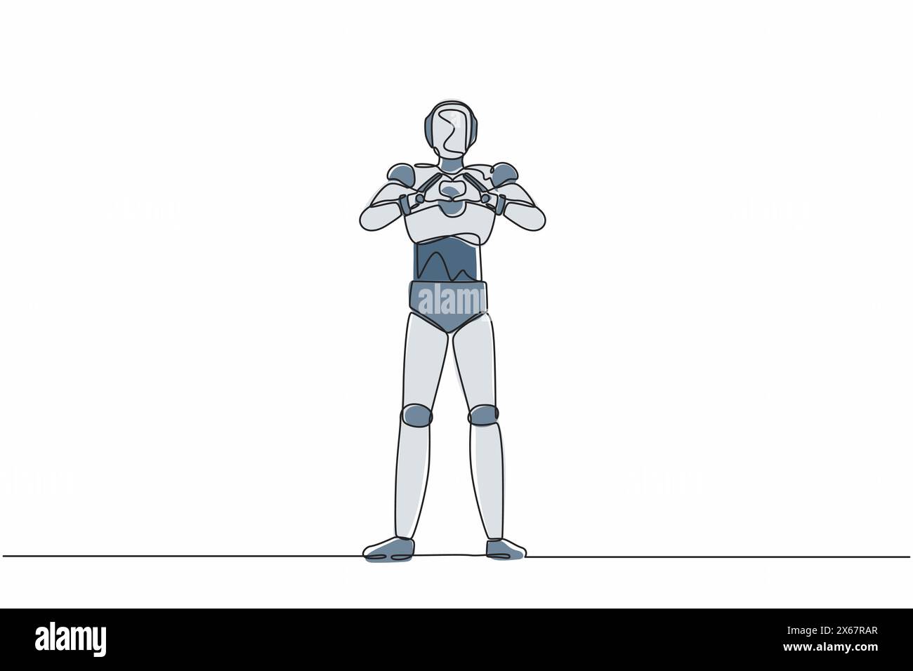 Single one line drawing robot making or gesturing heart symbol with fingers in front of chest ...