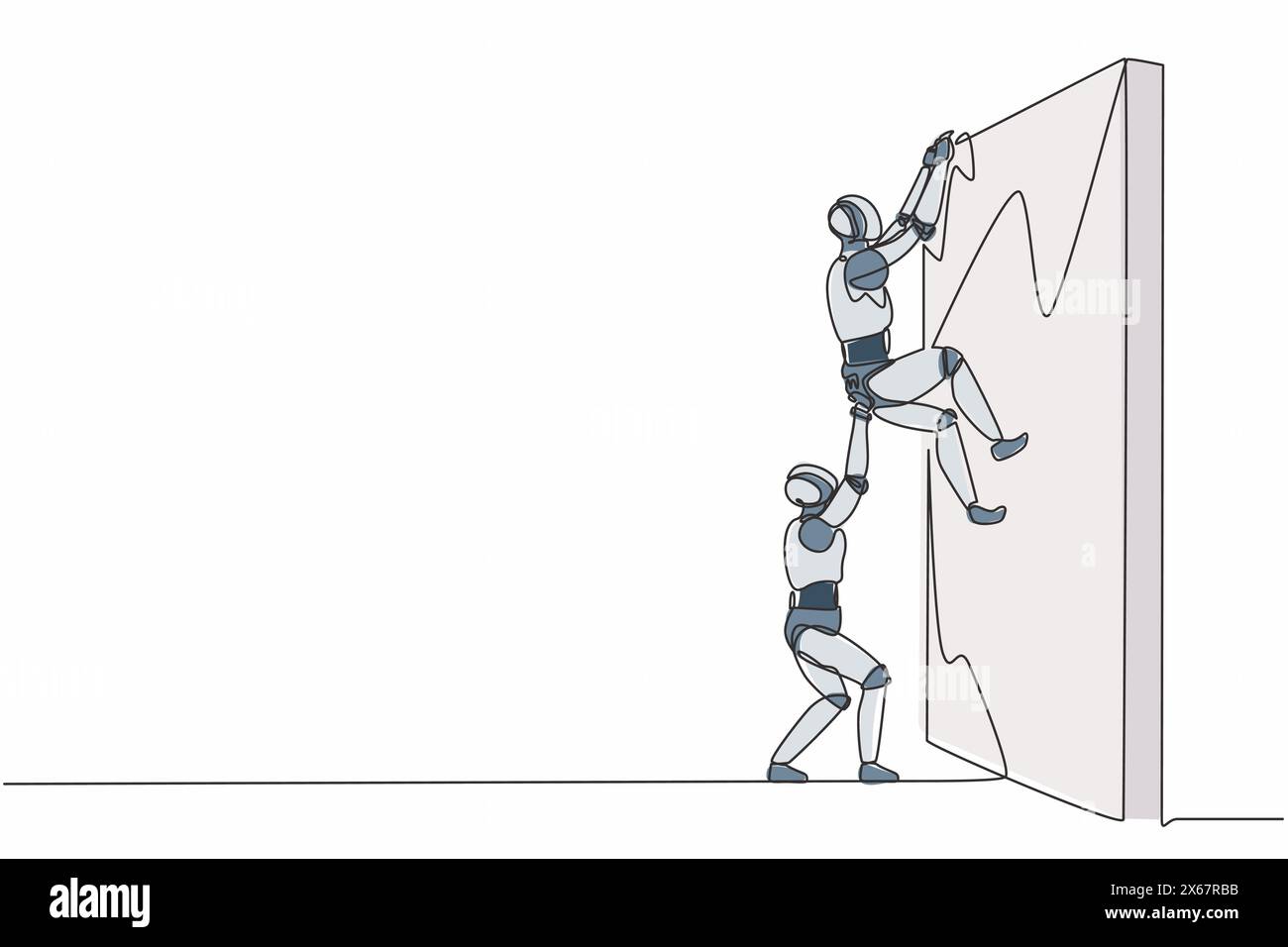 Single continuous line drawing robot helping another robot climb wall ...