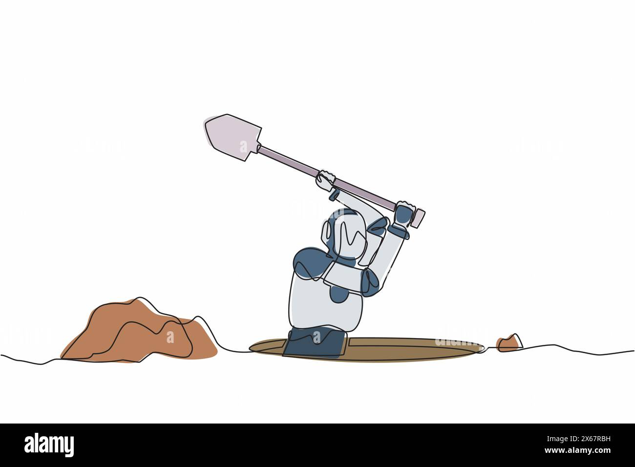 Continuous one line drawing robot digging in dirt using shovel ...