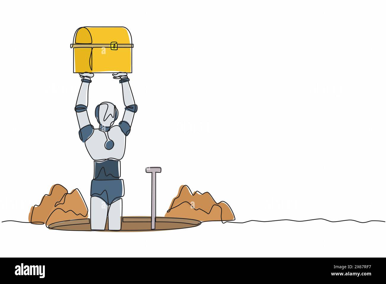 Single continuous line drawing robot standing in digging hole and ... Single continuous line drawing robot standing in digging hole and ...