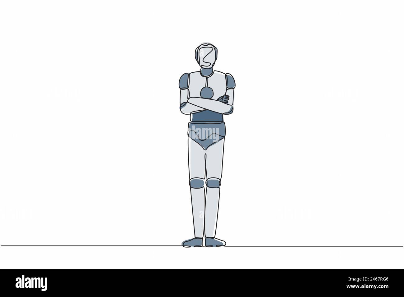 Single one line drawing robot standing with folded arms pose. Future ... Single one line drawing robot standing with folded arms pose. Future ...
