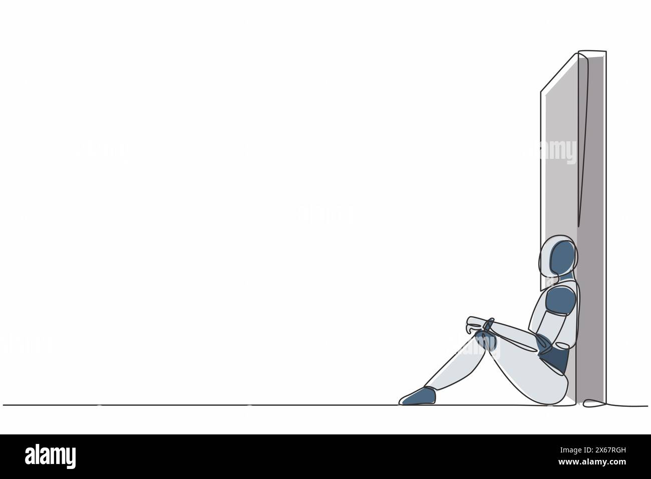 Single continuous line drawing robot sitting on floor and lean against ...