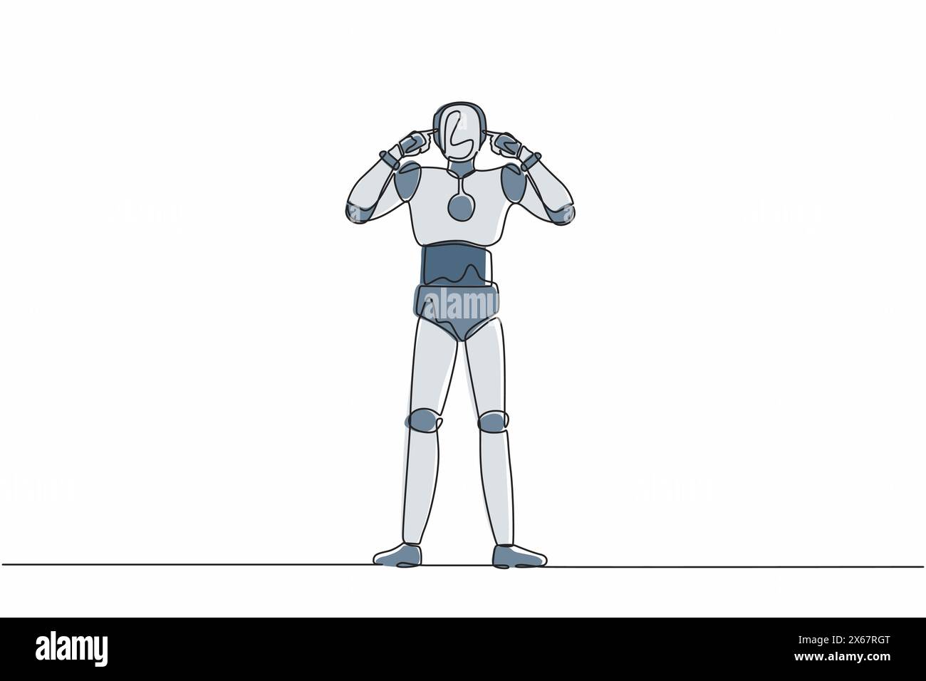 Single one line drawing robot covering ears with fingers with annoyed ...