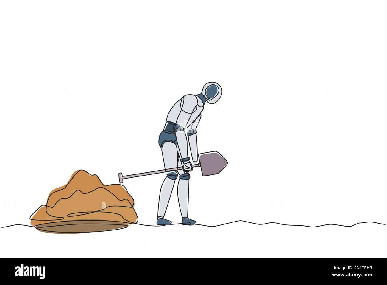 Single one line drawing robot walking unsteadily leaving hole dug ...