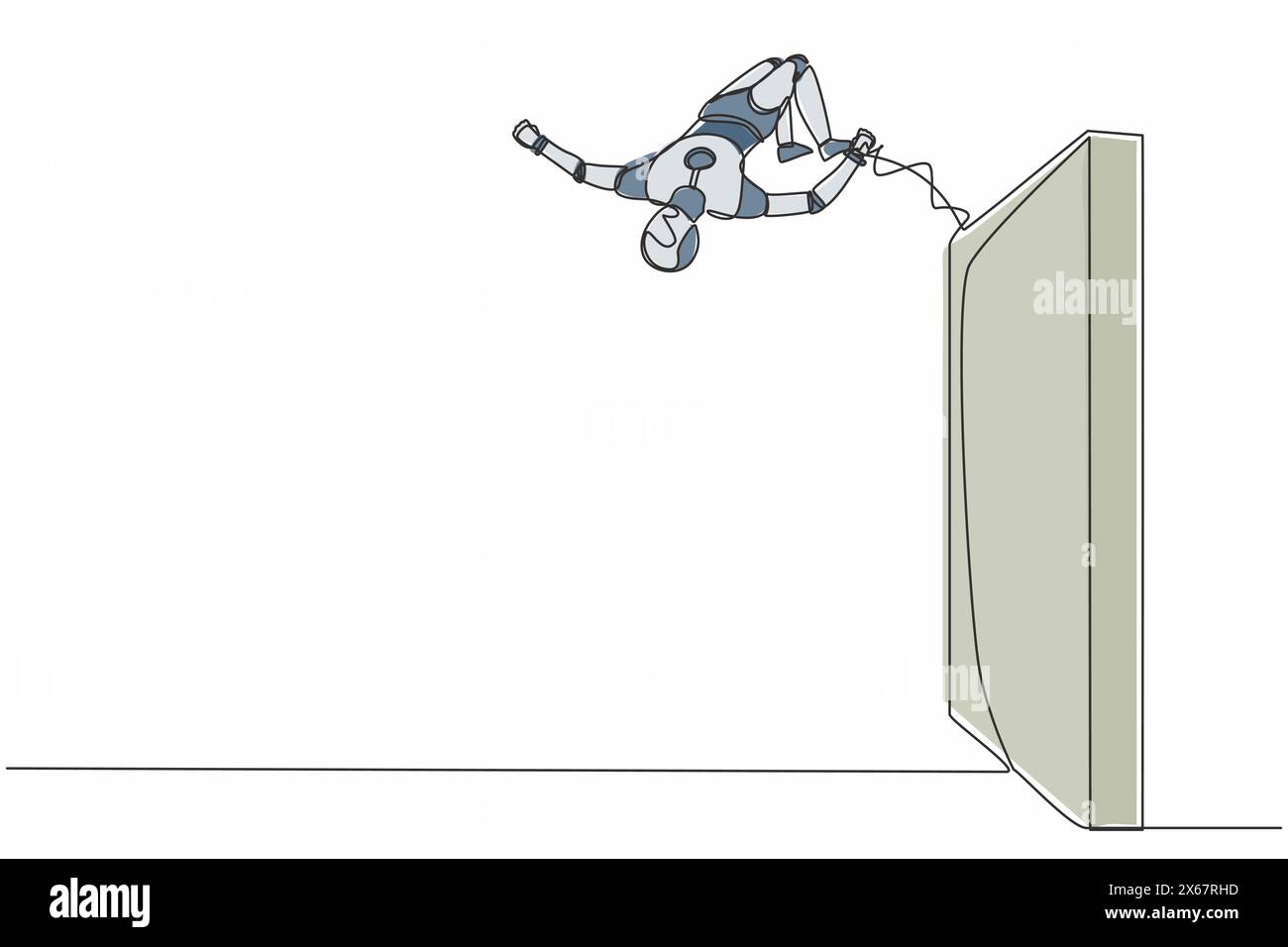 Single continuous line drawing robot jumping over brick wall with ... Single continuous line drawing robot jumping over brick wall with ...