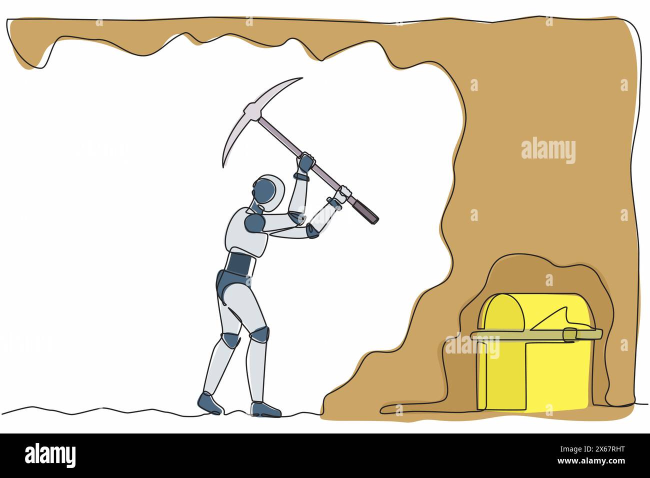 Single one line drawing robot digging with pickaxe looking for hidden ...