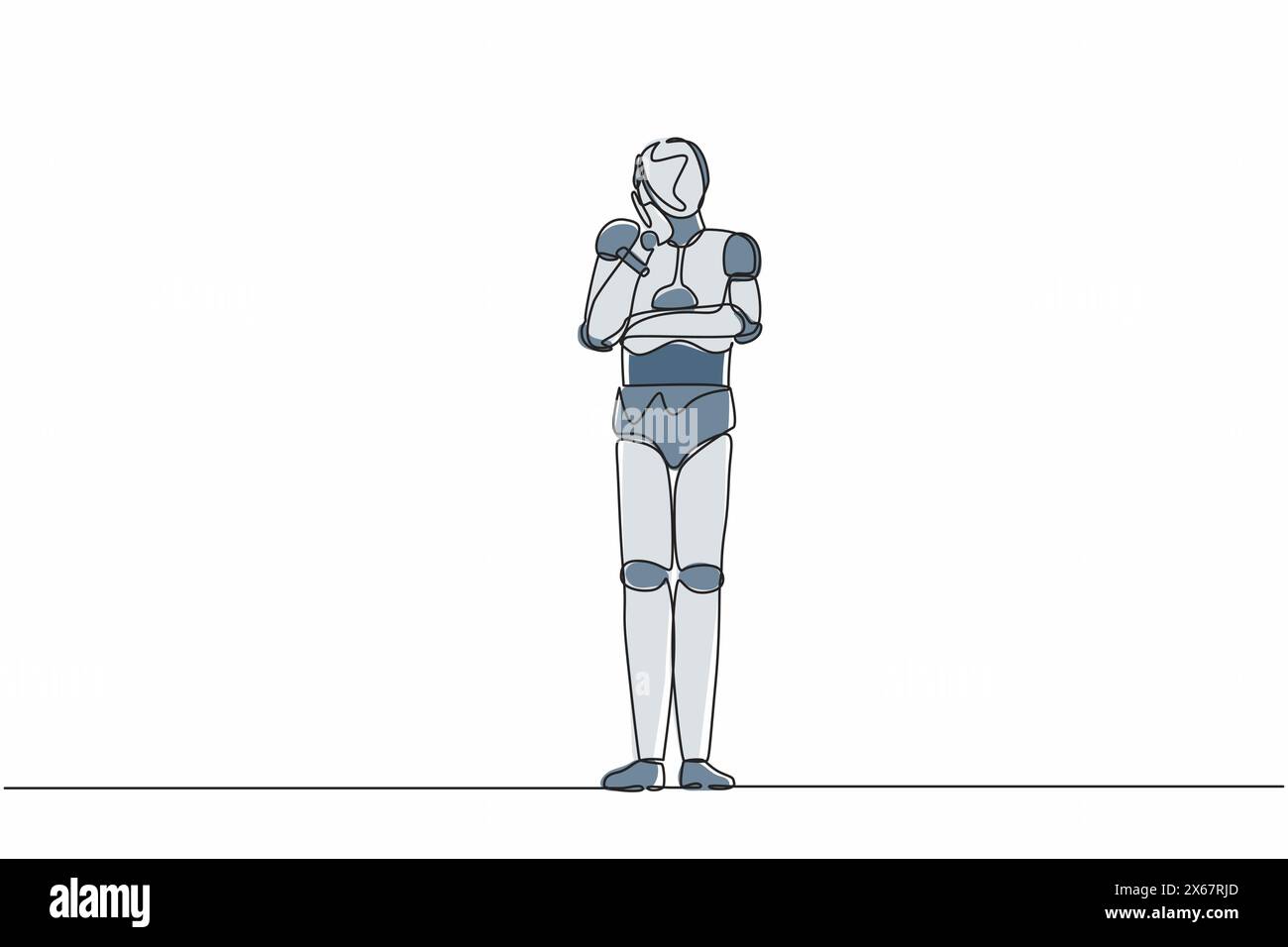 Single continuous line drawing robot bored or tired keeping hand on ...