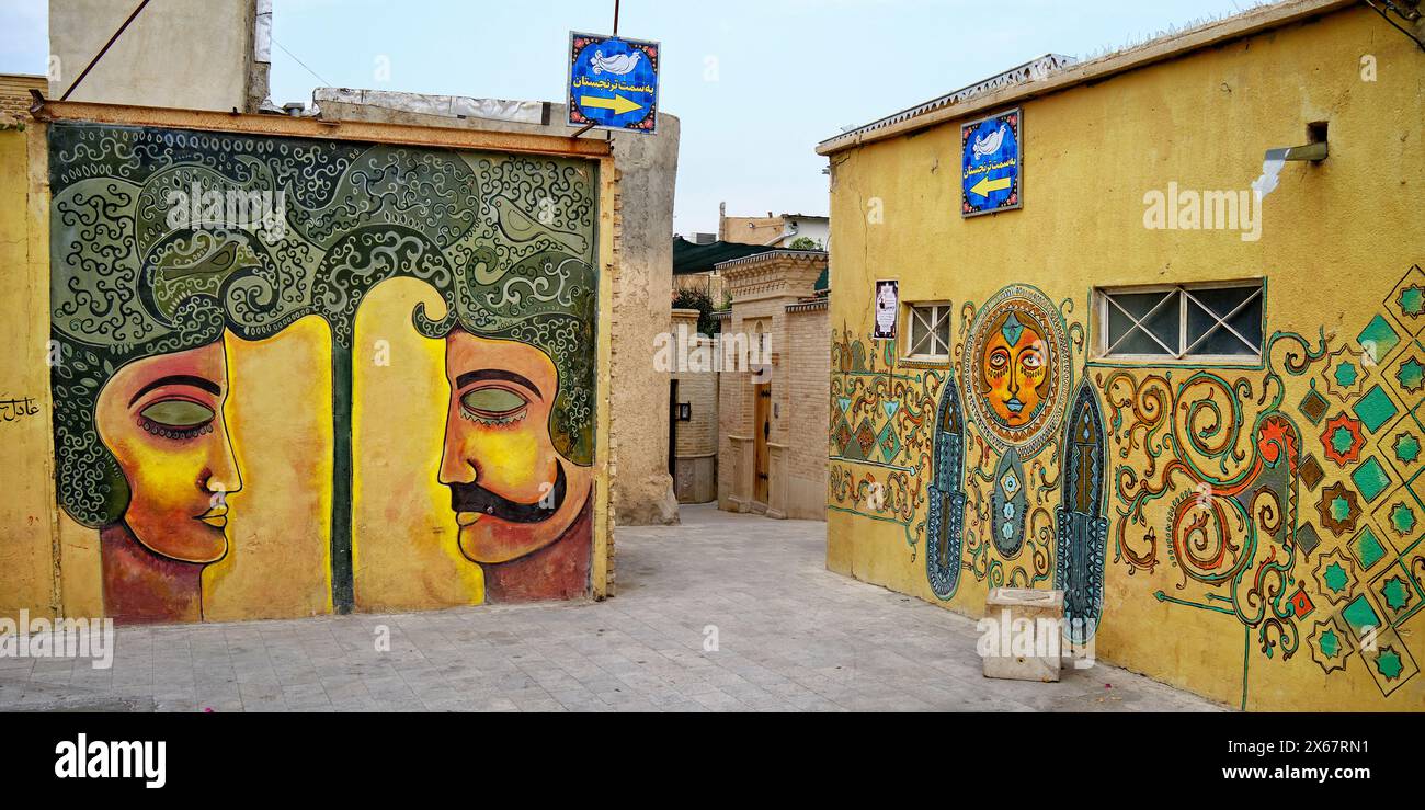 Colorful murals on old houses in the historical center of Shiraz, Iran ...