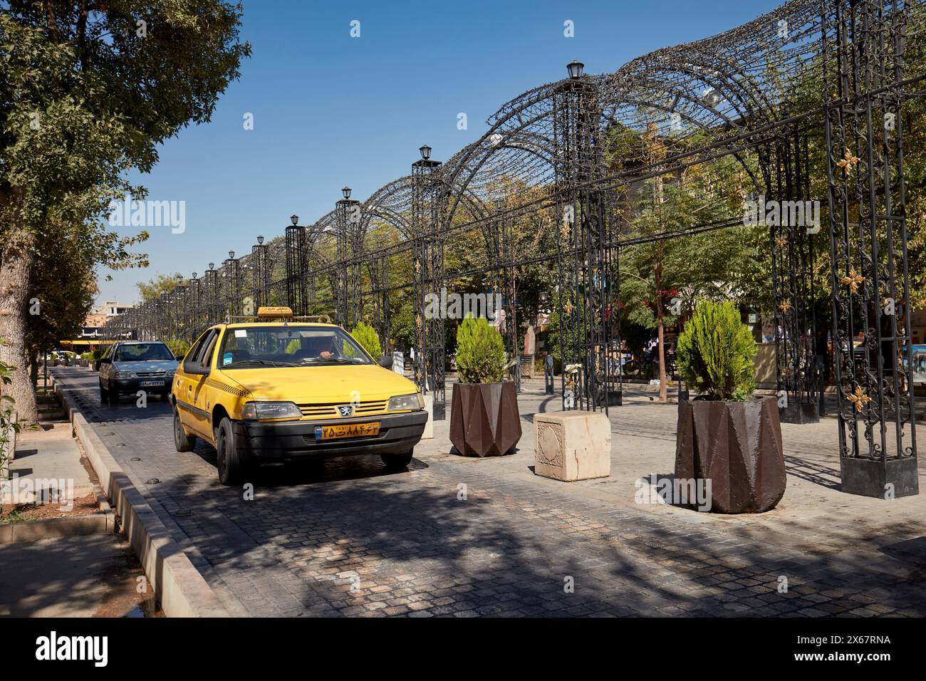 A yellow taxi cab drives in a narrow street lined with green trees in ...