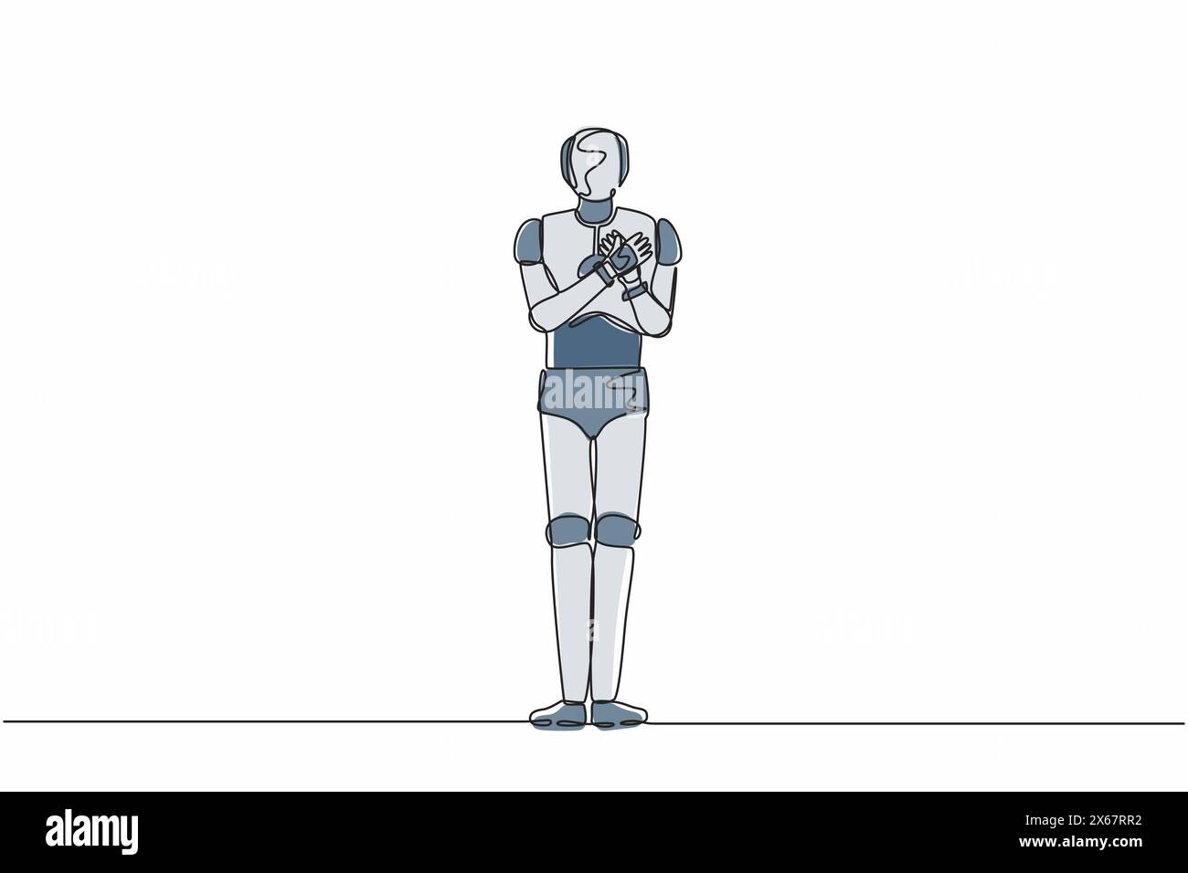 Single continuous line drawing robot keeping hands on chest. Robot ...