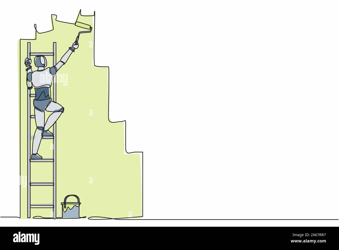 Single continuous line drawing robot painter standing on staircase ...