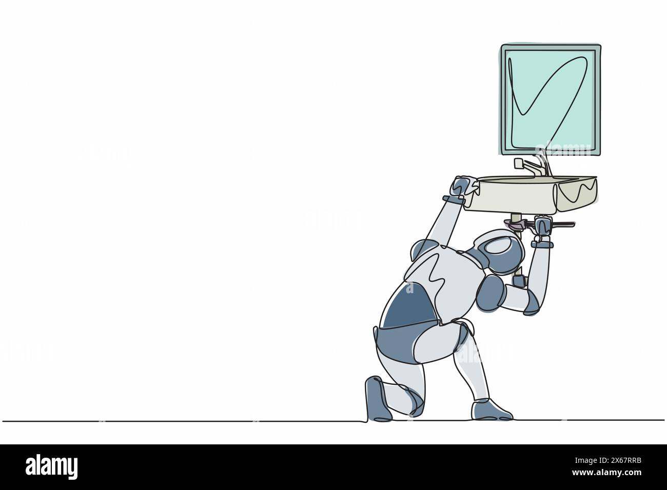 Single continuous line drawing robot plumber worker repair sink in ...