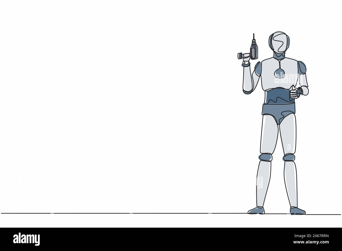 Continuous one line drawing robot worker holding electric drill tool for repair. Humanoid robot ...