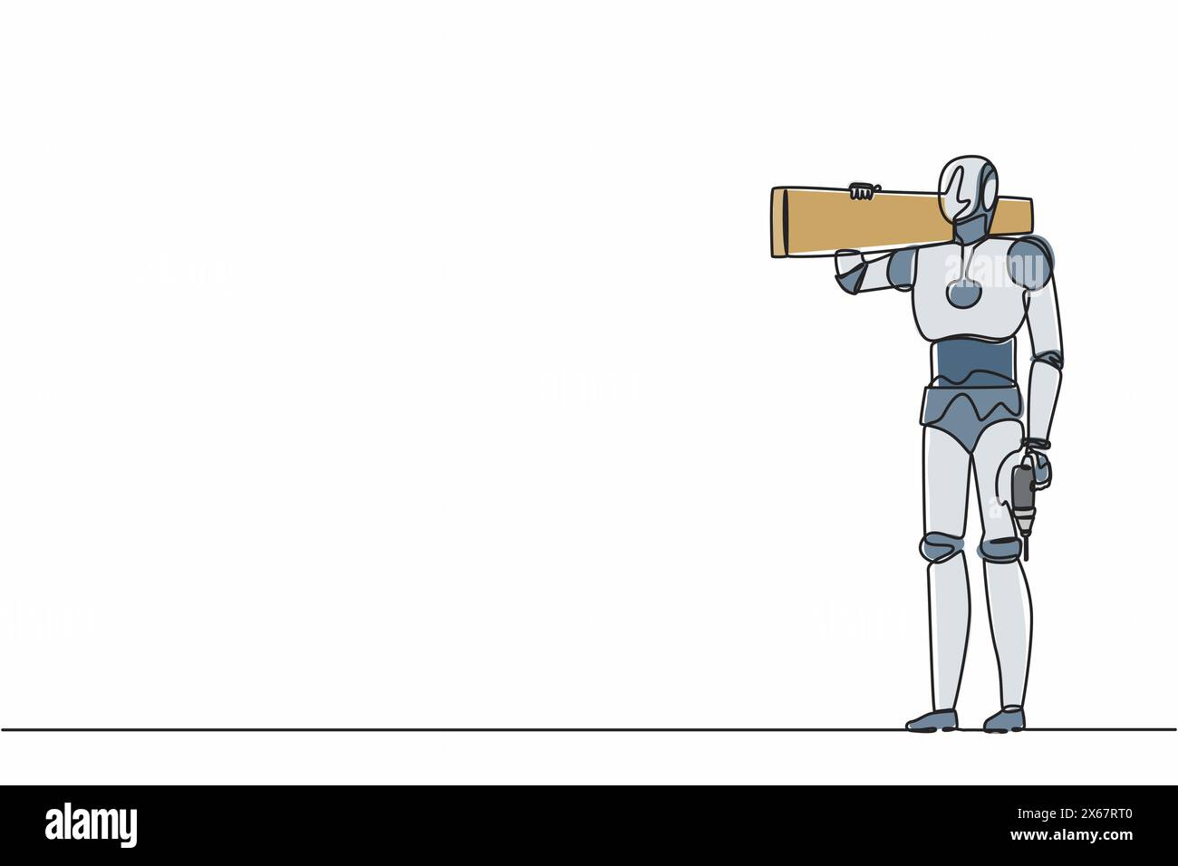 Continuous one line drawing robot repairman standing with board, tool ...