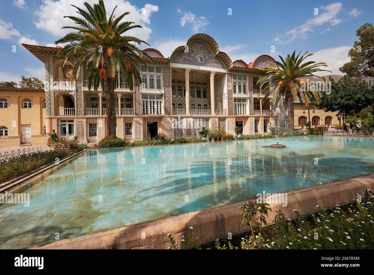 Water pond with a fountain at the 19th century pavilion in the Eram ...