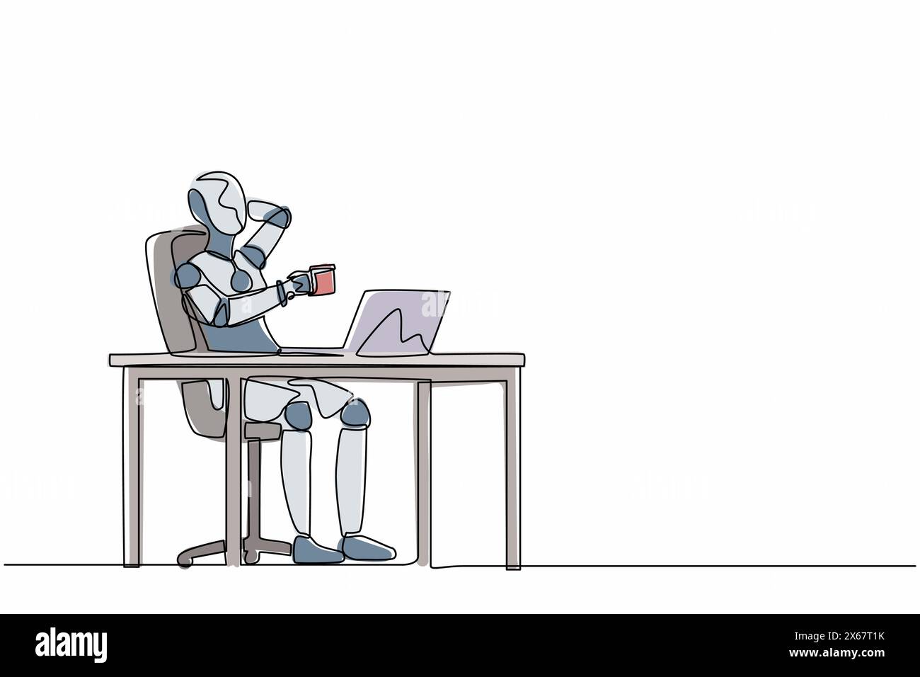 Continuous one line drawing robot relaxed at desk and drink cup of ...