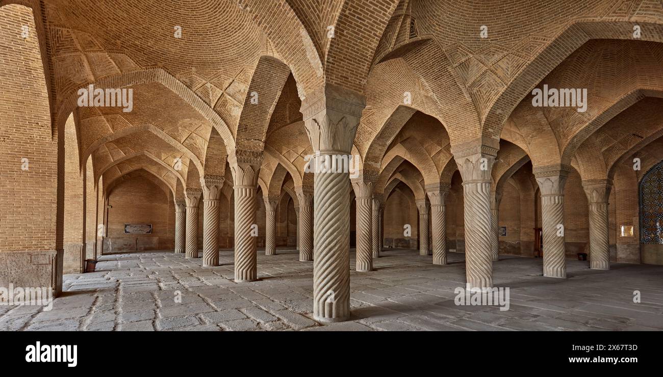 Panoramic view of central prayer hall with many pillars supporting roof ...