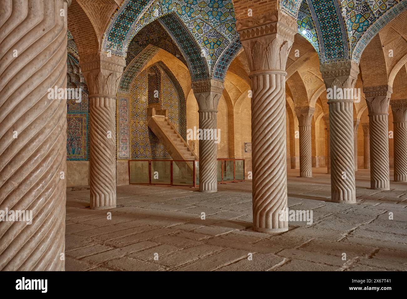 Interior view of central prayer hall with many pillars supporting roof ...