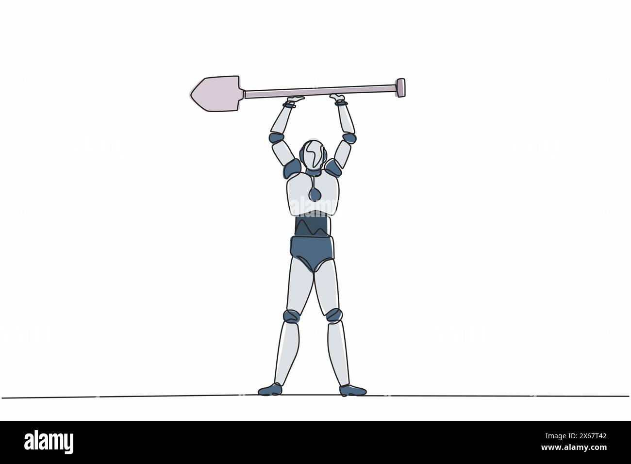 Single continuous line drawing robot standing and lifting big shovel. Success, achievement ...