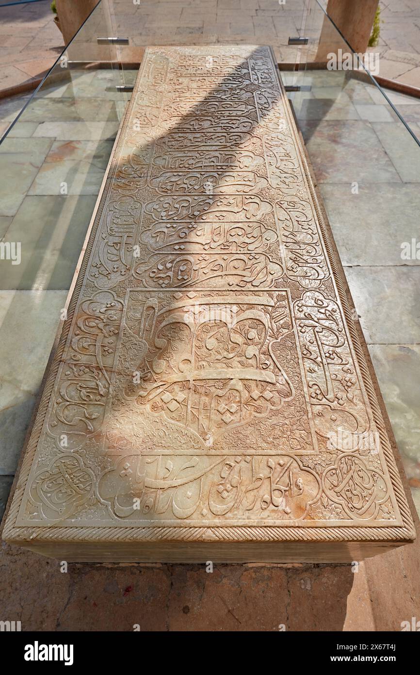 Large marble slab on top of the tomb of Hafez inscribed with excerpts ...