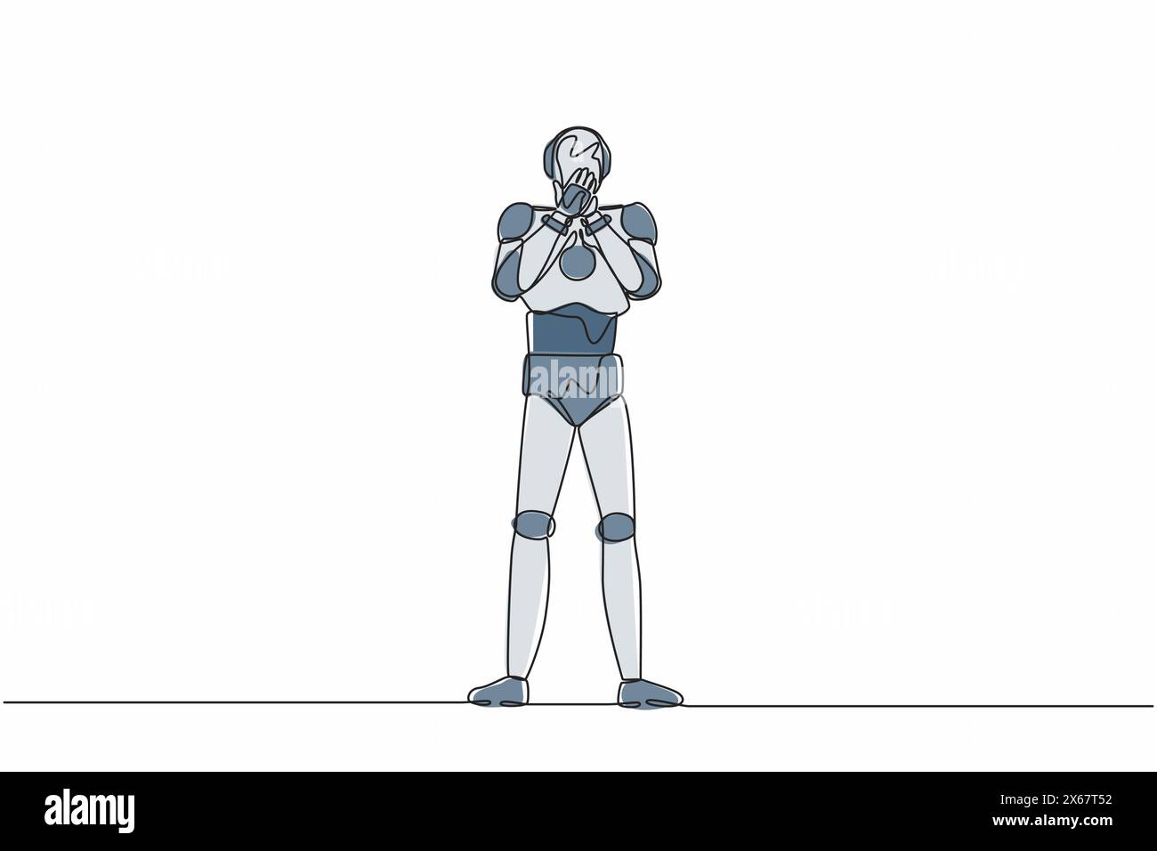 Single one line drawing robot covering mouth with hands, shocked with ...