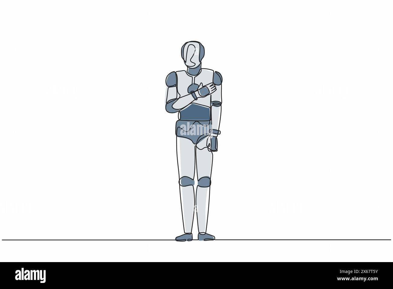 Single one line drawing robot keeping hands on chest. Smiling friendly ... Single one line drawing robot keeping hands on chest. Smiling friendly ...