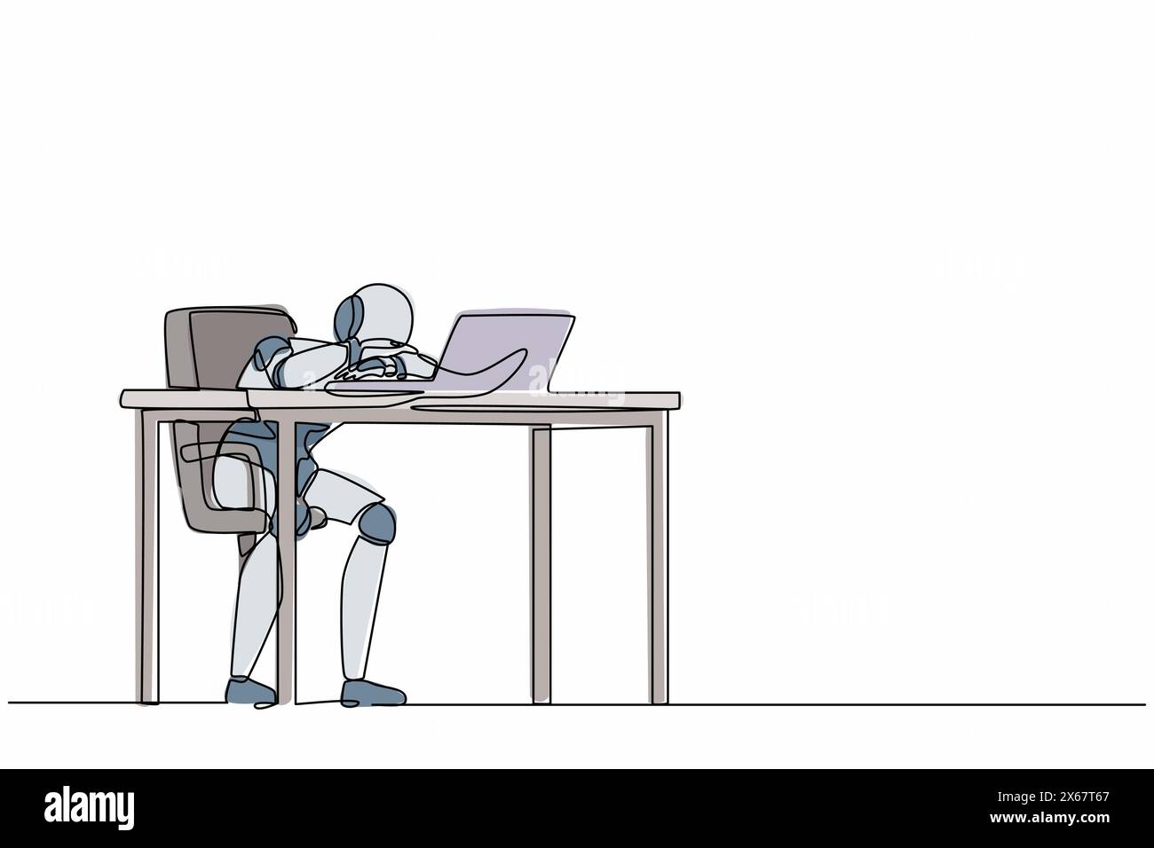 Single one line drawing robot throwing tantrum in office holding head ...