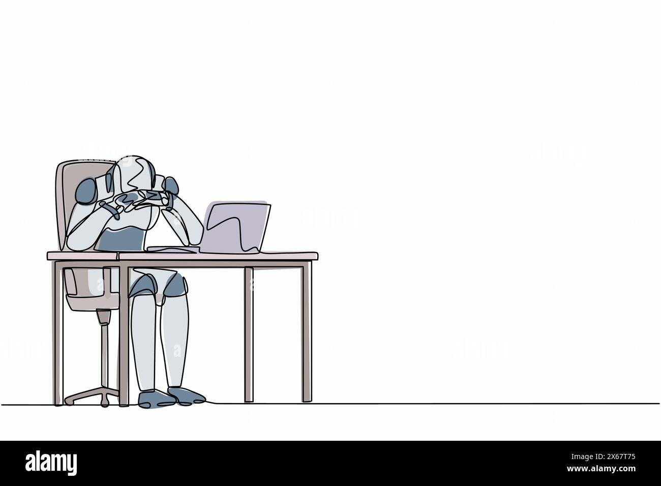 Single one line drawing frustrated robot in doubt with hand on chin ...