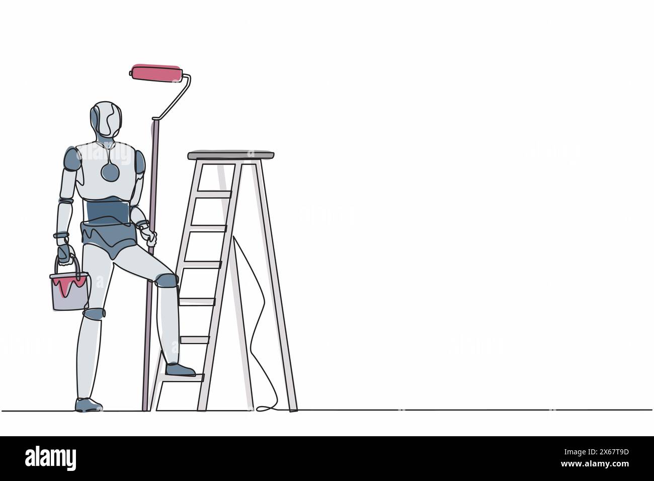 Single one line drawing robot painter standing with painting roller ...