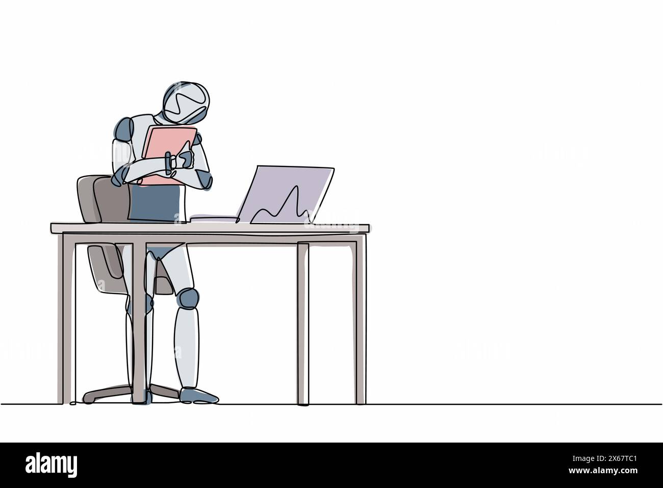 Continuous one line drawing robot standing and hugging laptop at office. Humanoid robot ...