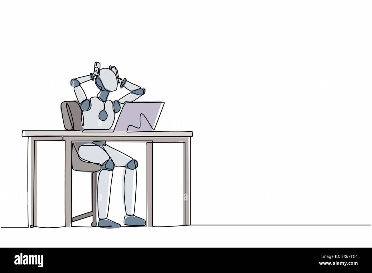 Single one line drawing frustrated robot sitting at laptop, holding ...