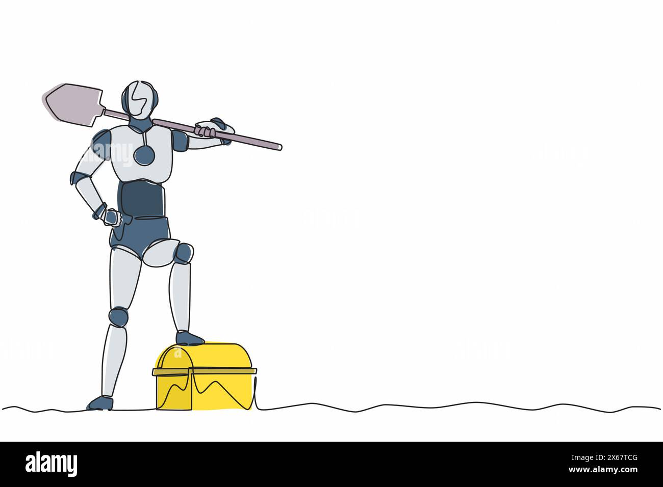Single continuous line drawing robot digging ground with shovel and ...