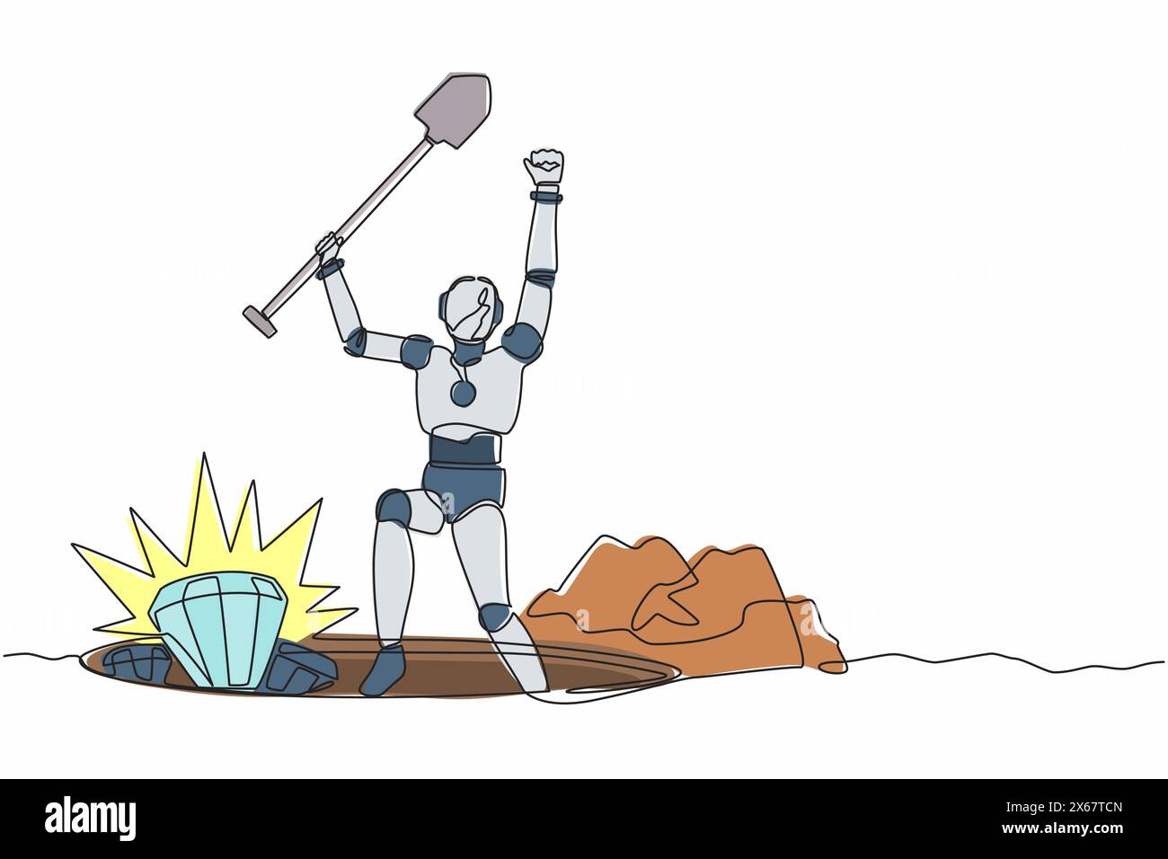 Continuous one line drawing happy robot lifting shovel and finding ...
