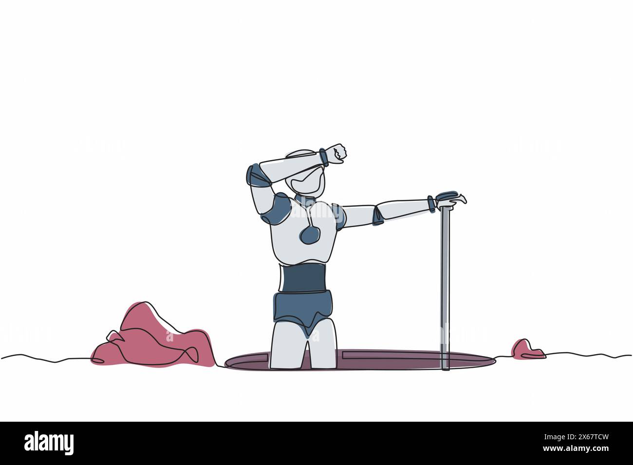 Single one line drawing robot wipes sweat on his forehead while digging ...