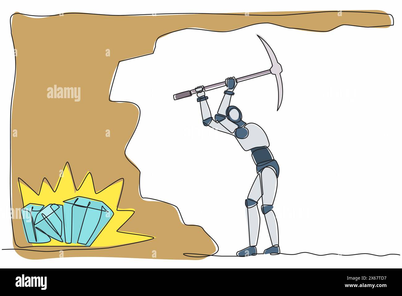 Continuous one line drawing robot digging with pickaxe to get diamond ...