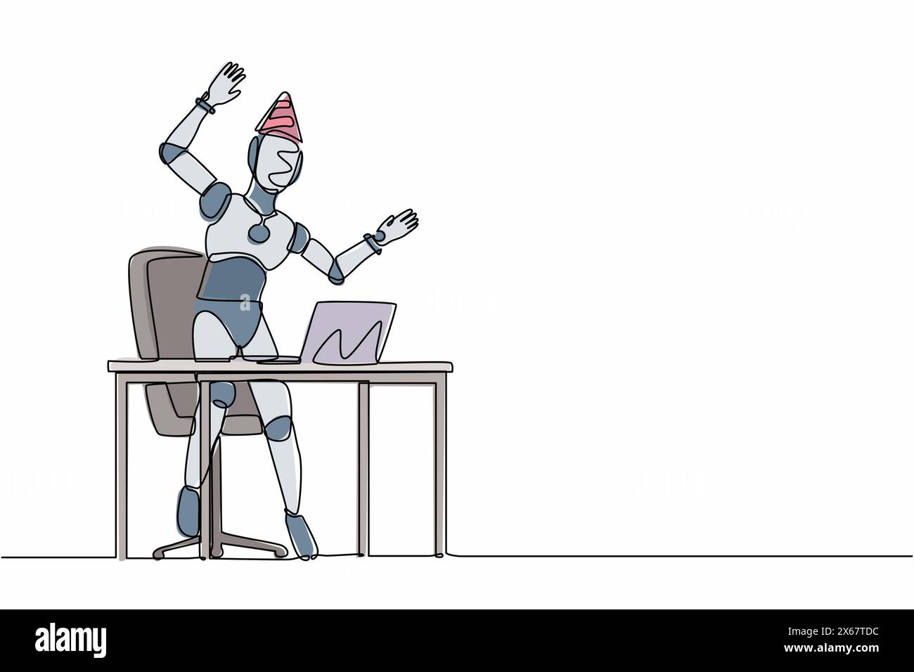 Single continuous line drawing robot stands in office with hand raised, computer celebrating ...