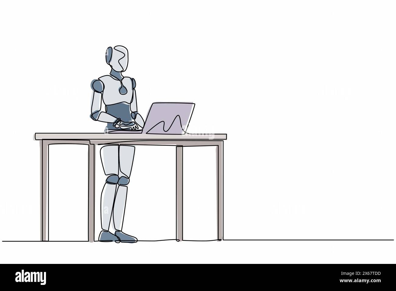 Single continuous line drawing smart robot standing and working behind desk. Modern robotic ...