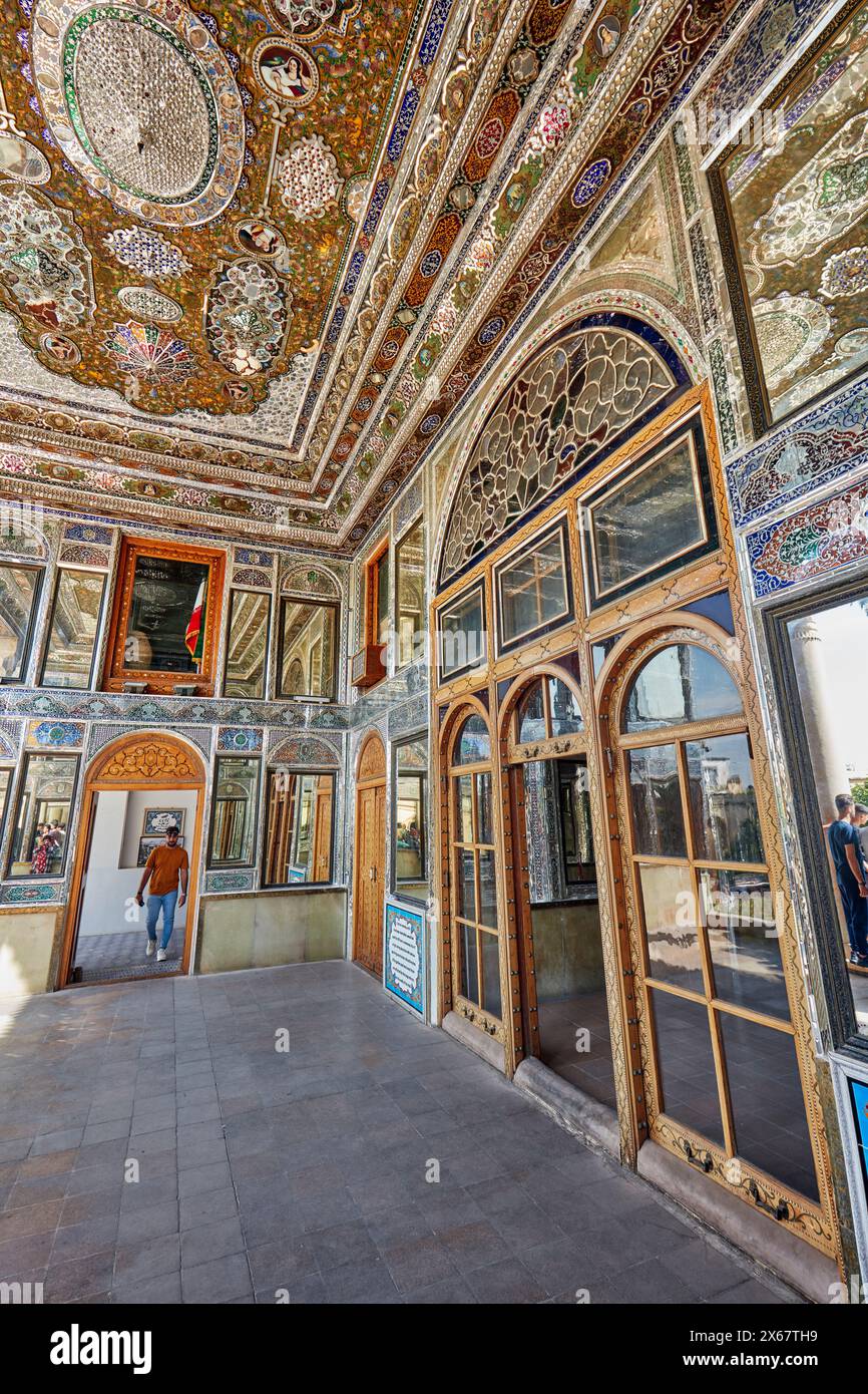Veranda with elaborate mirror tiling on walls and ceiling in Qavam ...