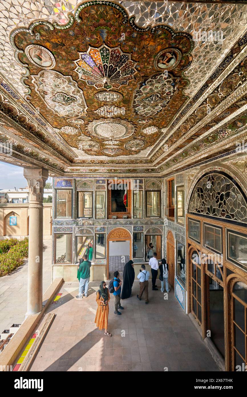 Veranda with elaborate mirror tiling on walls and ceiling in Qavam ...