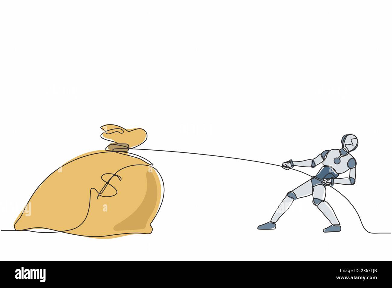 Continuous one line drawing robot struggling to pull big bag of money ...