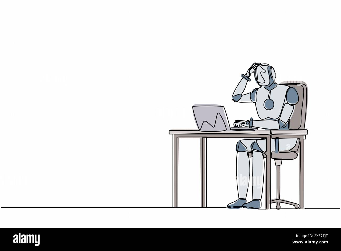 Single one line drawing confused robot manager working on computer ...