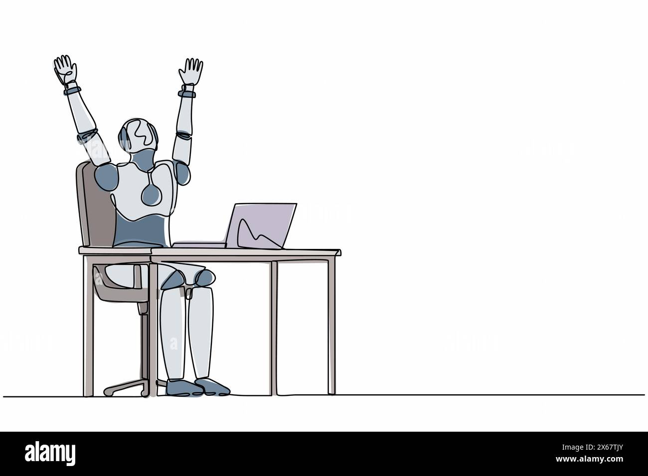 Single one line drawing happy robot at desk celebrating win with hands ...