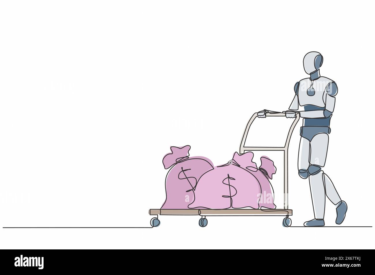 Single continuous line drawing robot push cart with money bags. Reward ...