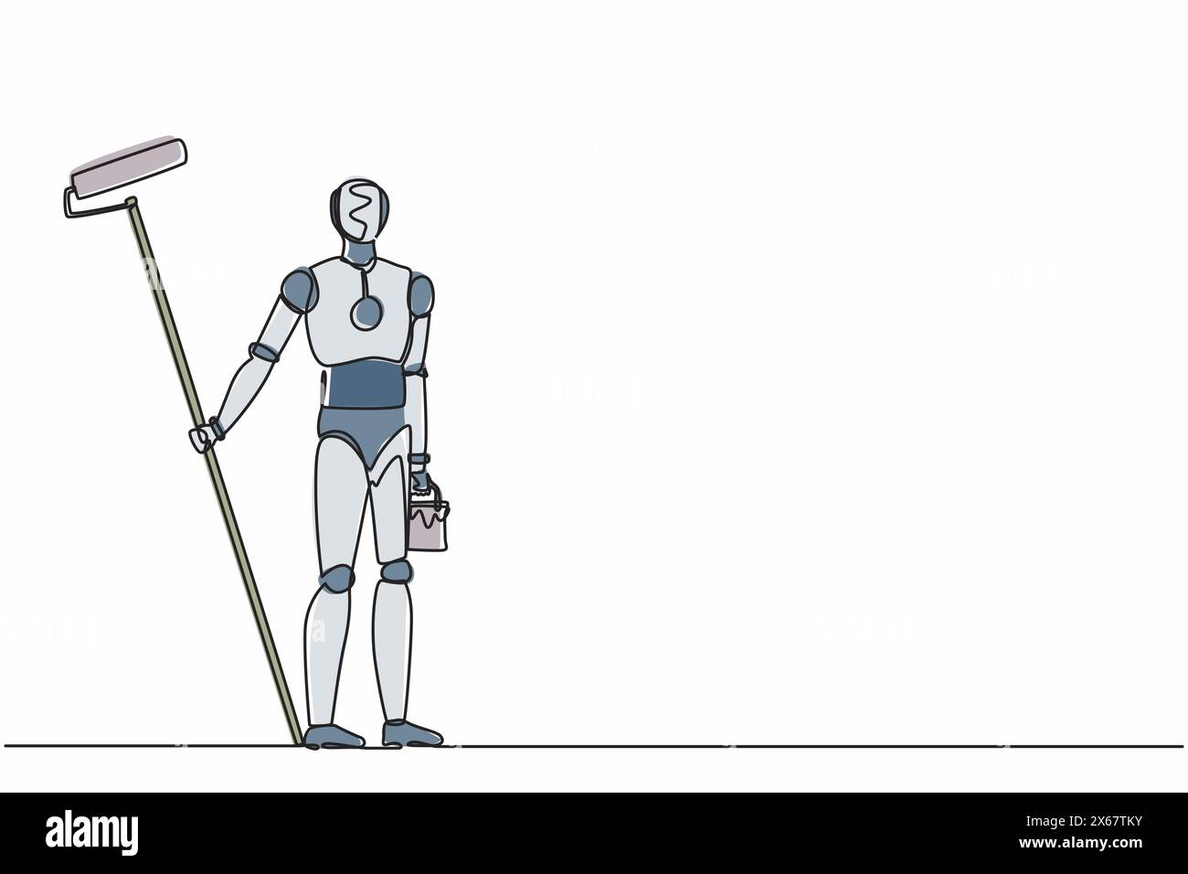 Continuous one line drawing robot painter with bucket of paint and ...