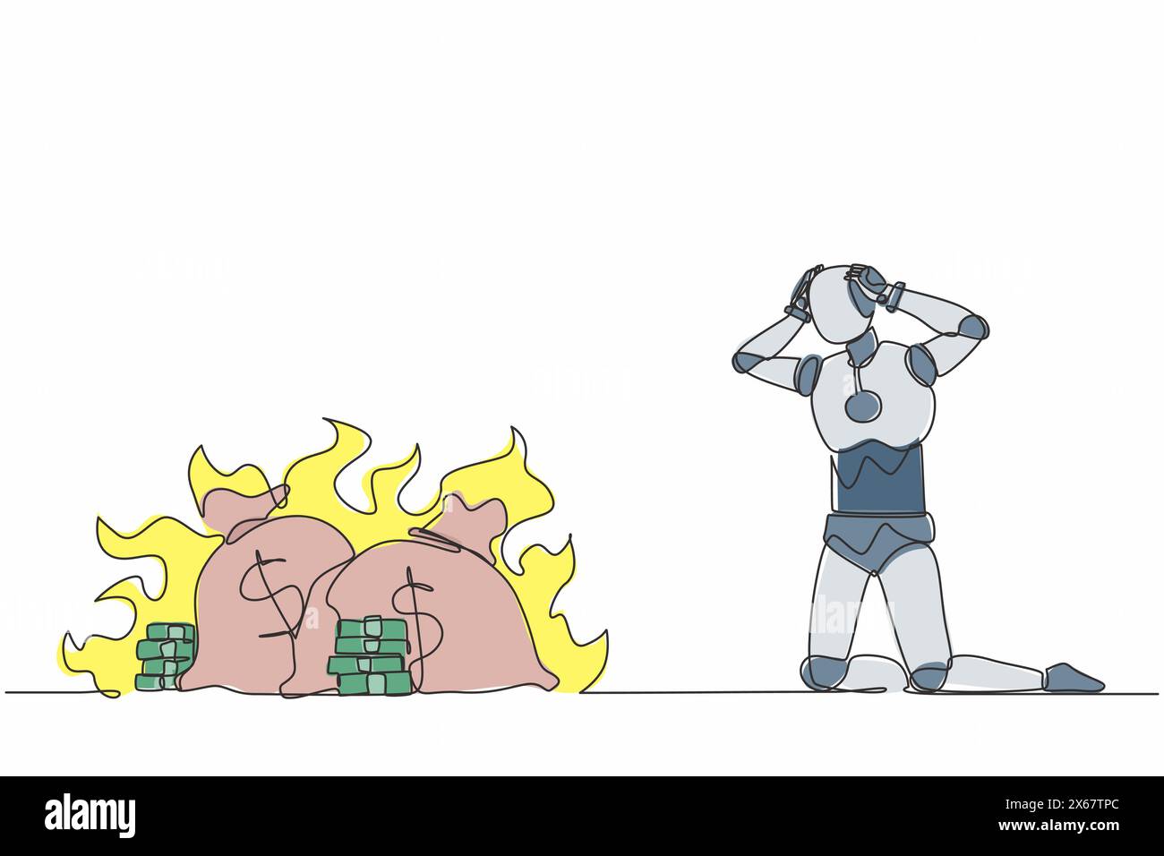 Single one line drawing robot kneeling. Finances burning up. Global ...